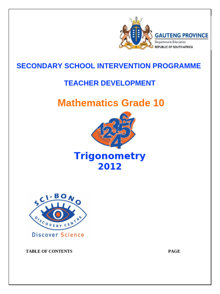 SCI BONO GRADE 10 TRIGONOMETRY Training Manual 2012 | PDF | Trigonometry | Triangle