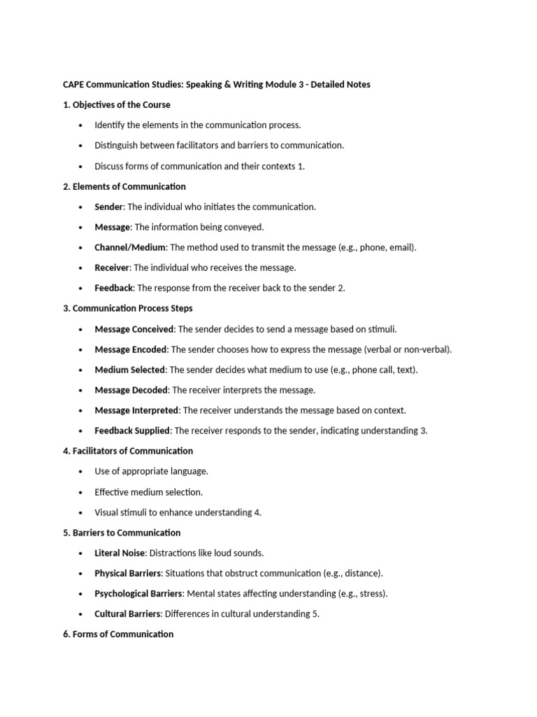 CAPE Communication Studies Study Guide Outline | PDF | Communication ...