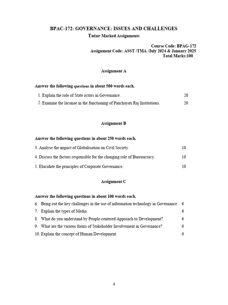 Bpac-172: Governance: Issues and Challenges Tutor: Questions | PDF