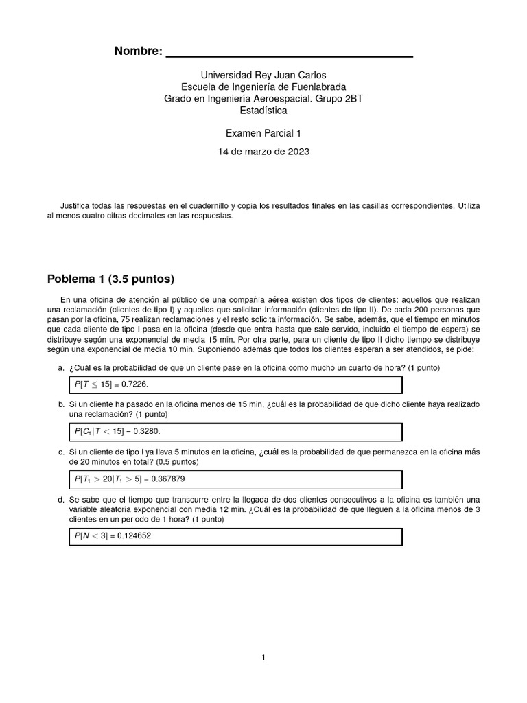 Exam Statistics Mar 2023 Aero P1 Num Sol T | PDF | Teoría de probabilidad | Teoría estadística