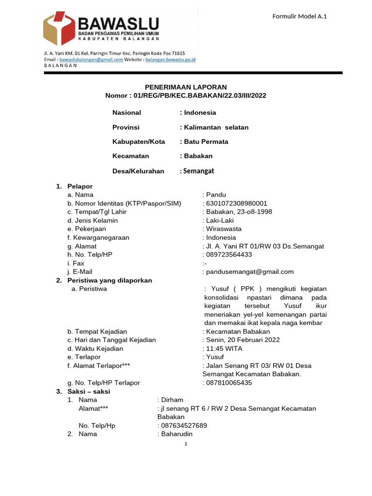 Formulir Model A.1 PENERIMAAN LAPORAN | PDF