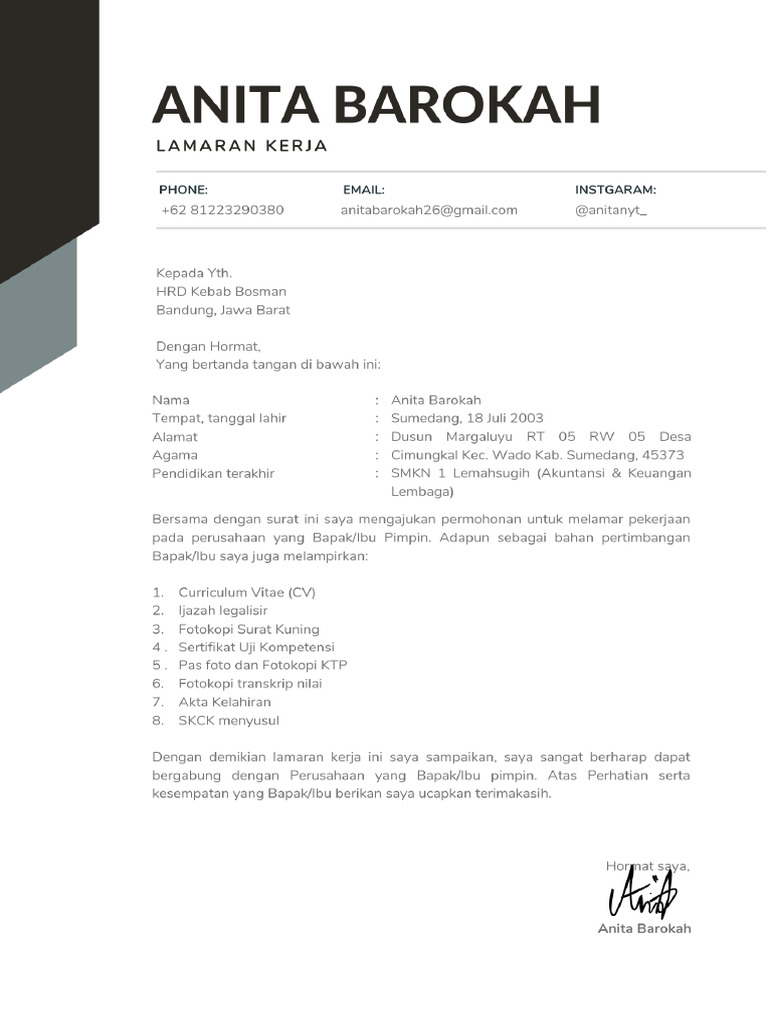 CV Dan Berkas Lamaran Anita | PDF