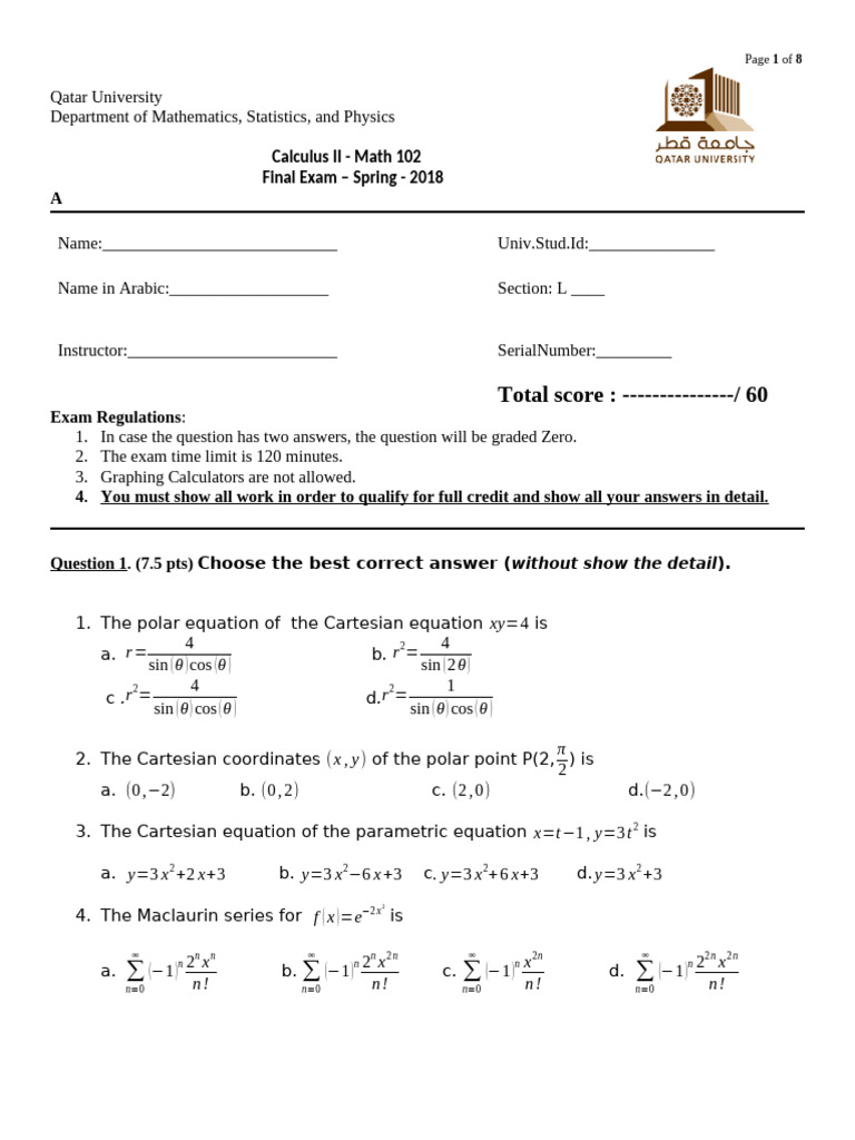 Final Exam - Math102-L01-A - Spring 2018 | PDF | Equations | Coordinate ...