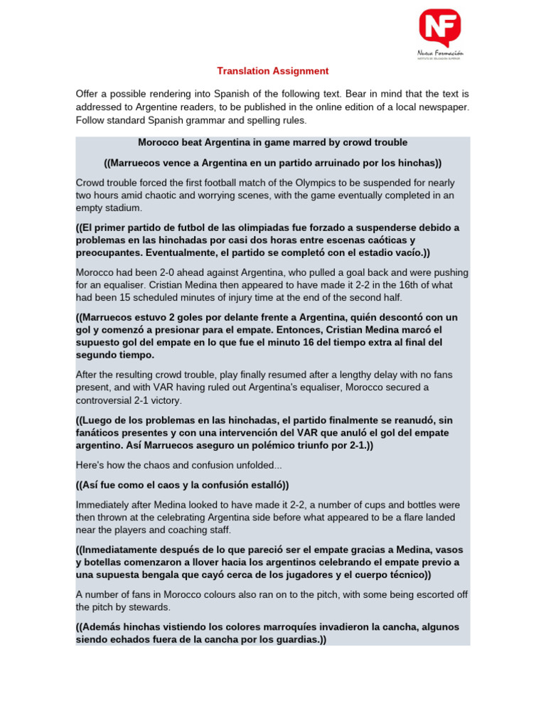 01 - Translation Assignment - 05AGO | PDF | Deportes | Asociación de Futbol