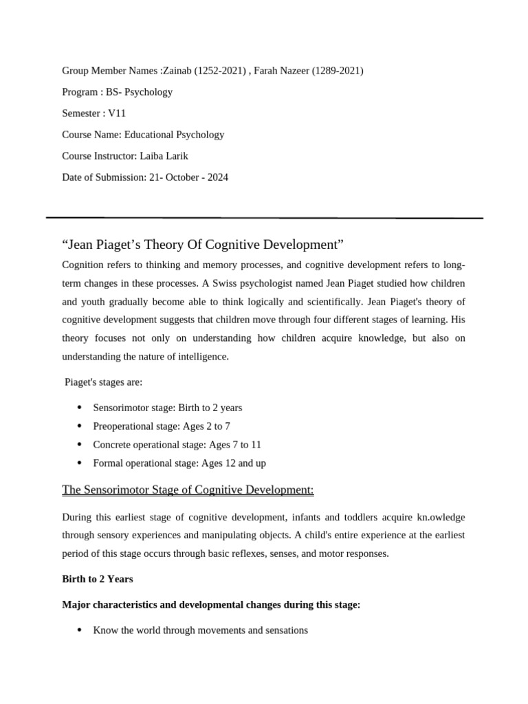Piaget's Stages of Cognitive Development | PDF | Cognitive Development ...