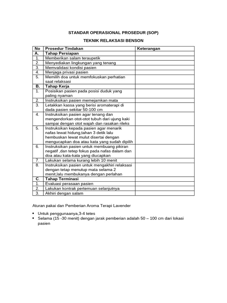 STANDAR OPERASIONAL PROSEDUR Terapi Benson Fixx | PDF | Kesehatan Holistik | Sains & Matematika