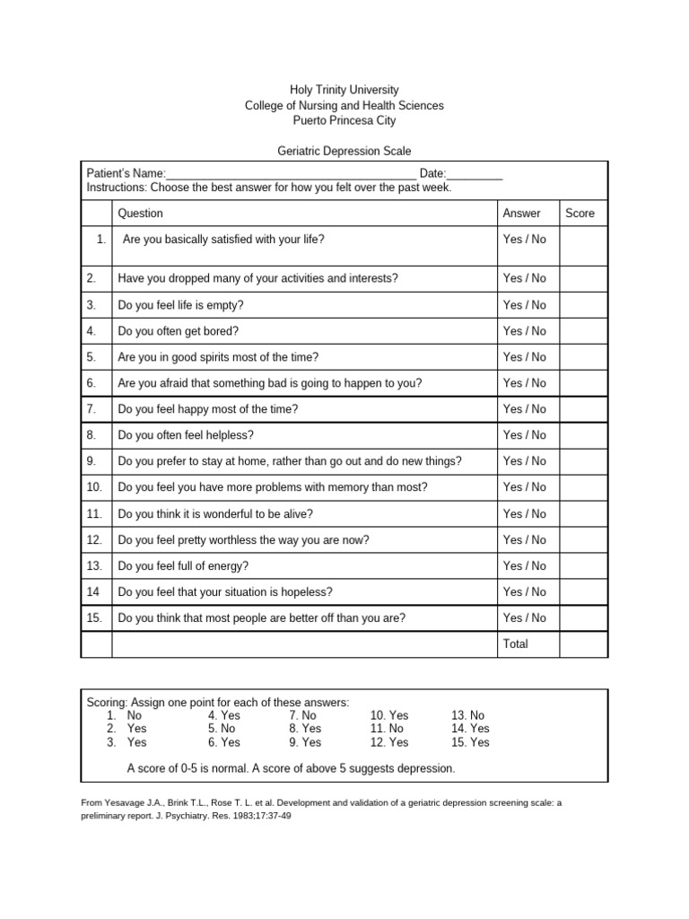 Geriatric Depression Scale | PDF | Behavioural Sciences | Psychology