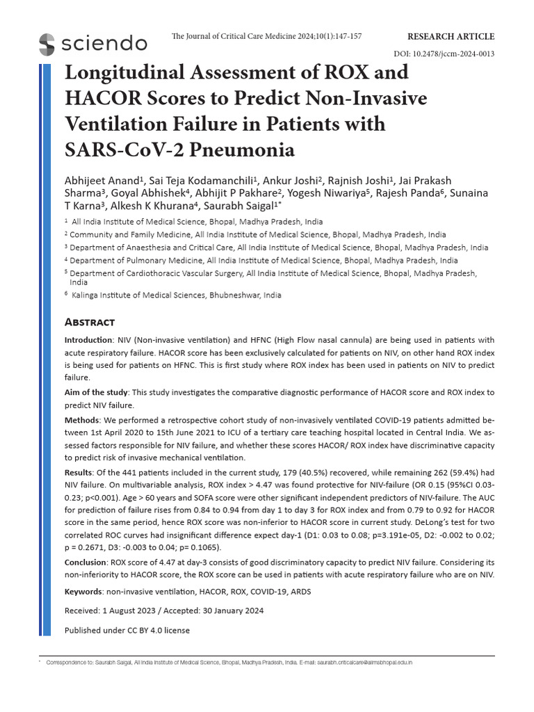 Predicting NIV Failure in COVID-19 | PDF | Receiver Operating Characteristic | Sensitivity And ...