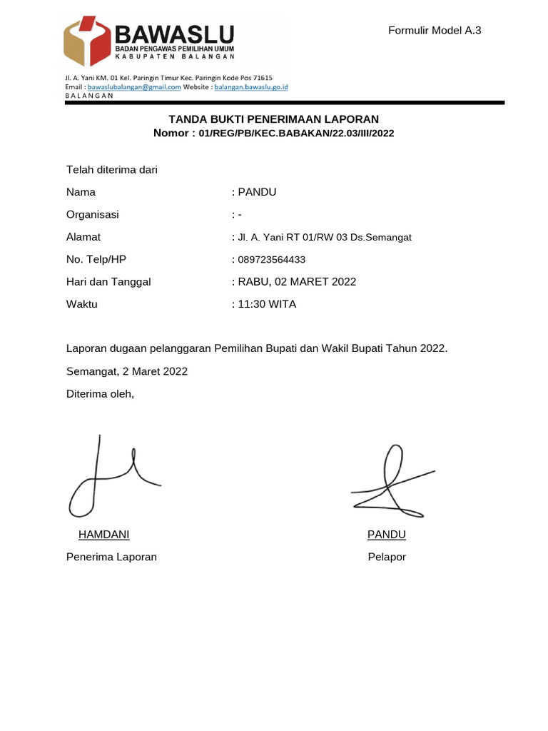 Formulir Model A.3 TANDA BUKTI PENERIMAAN LAPORAN | PDF