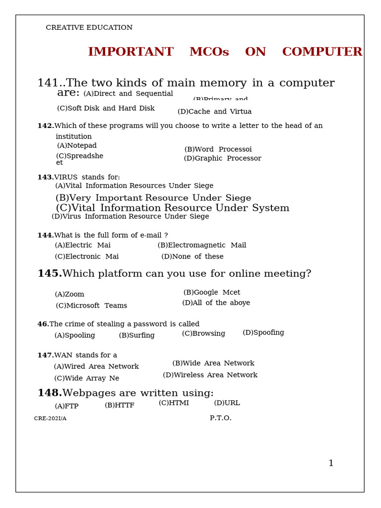 IMPORTANT MCQs ON COMPUTER | PDF | Microsoft Word | Microsoft Excel