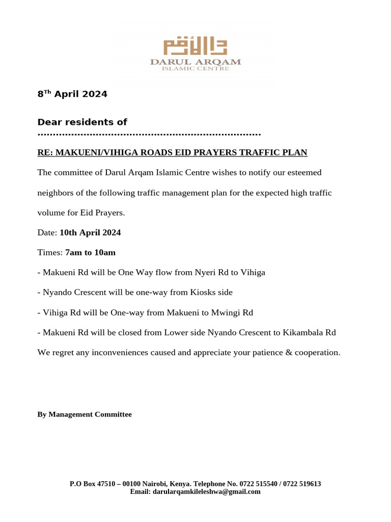 Eid Prayers Traffic Plan for Makueni/Vihiga | PDF | Travel | Home & Garden