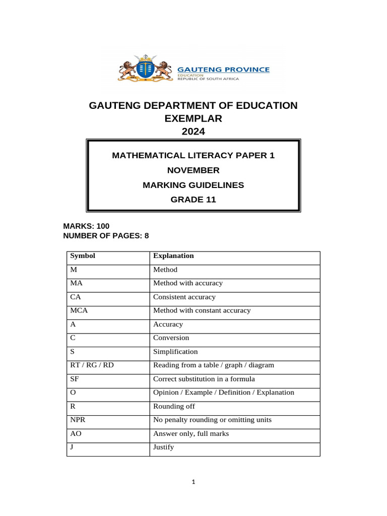 Math Lit Grade 11 P1 Nov Exam Exemplar Memo 2024 | PDF | Mathematics