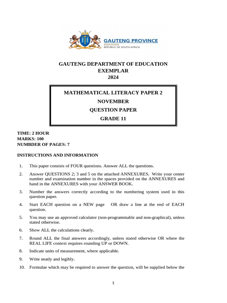 Math Lit Grade 11 P2 Nov Exam Examplar Question Paper 2024 | PDF | Area ...