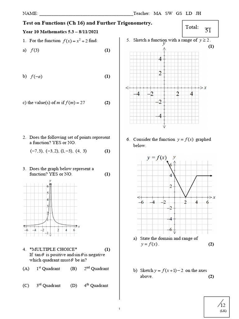 Year 10 Functions and Trigonometry Test | PDF | Trigonometry | Teaching ...