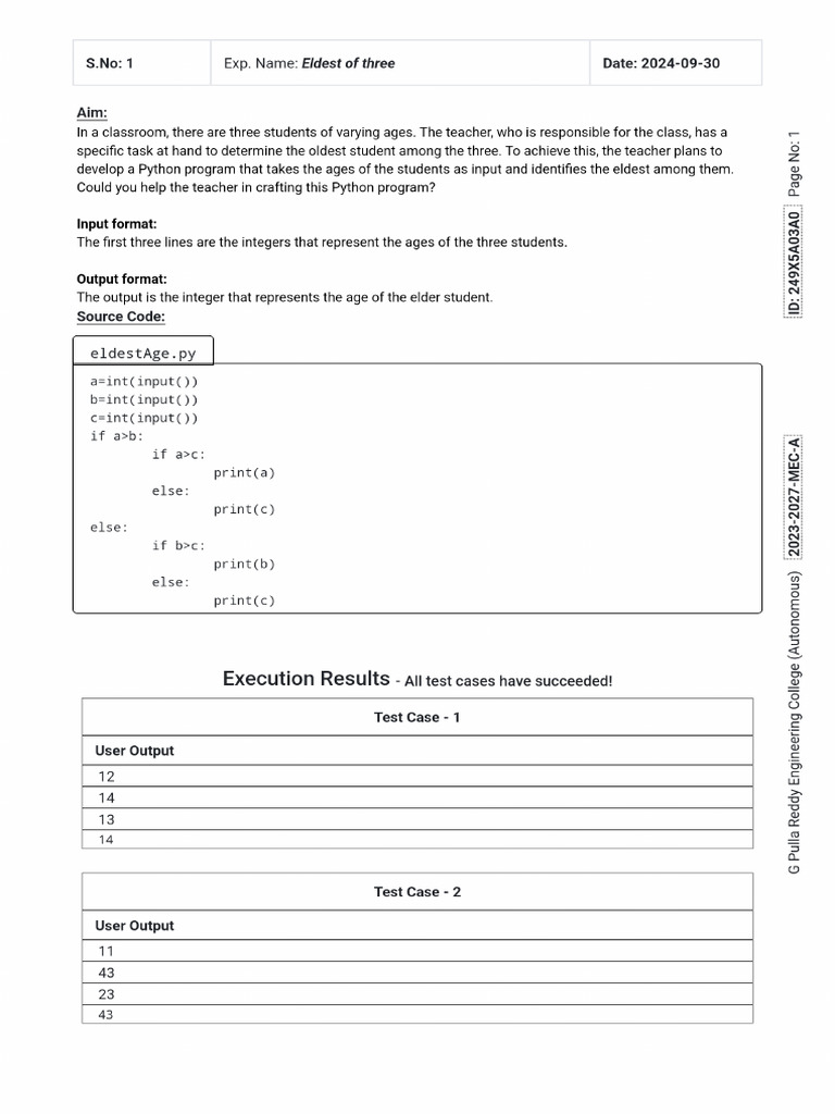 249X5A03A0 Python Programm Lab Record 2024-10-28 | PDF