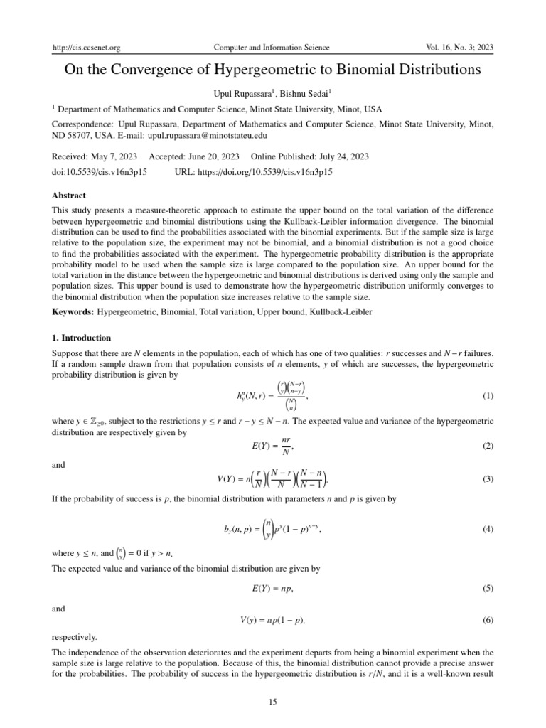 On The Convergence of Hypergeometric To Binomial D | PDF | Probability Distribution | Variance