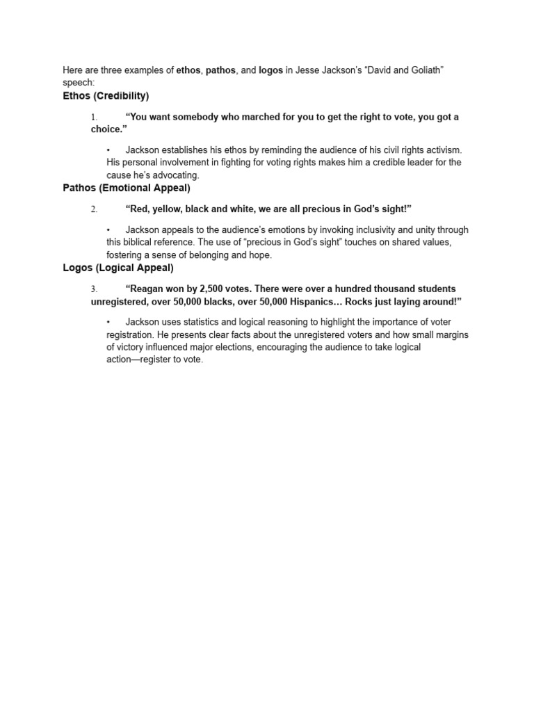 Examples of Ethos, Pathos, and Logos in Jesse Jackson's "David and Goliath" Speech | PDF ...