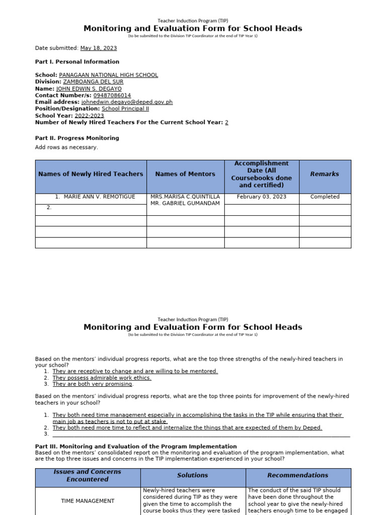 TIP - M - E Form For School Heads REMOTIGUE | PDF | Mentorship | Cognition