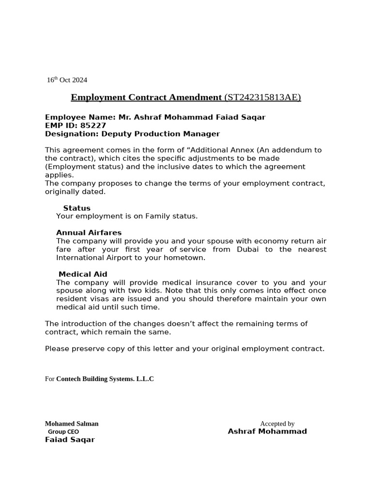 Employment Contract Amendment for Mr. Saqar | PDF