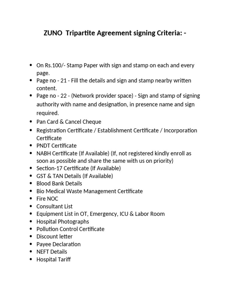 ZUNO Tripartite Agreement Signing Criteria | PDF | Finance & Money ...