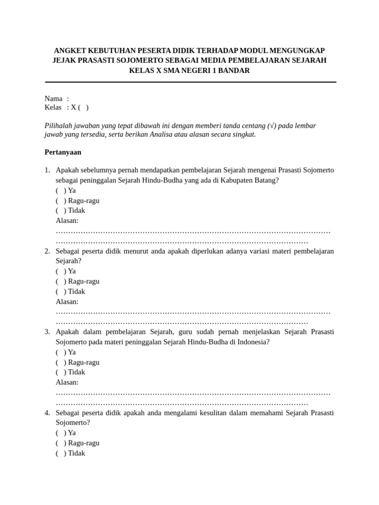 Angket Kebutuhan Siswa | PDF | Metode & Bahan Ajar