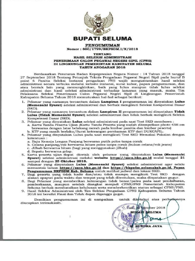 Pengumuman Hasil Seleksi Administrasi Cpns Seluma | PDF