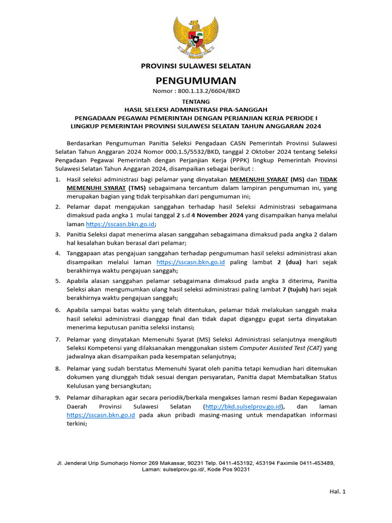 Pengumuman Hasil Seleksi Administrasi PPPK Tahap 1 Pemprov. Sulsel 2024-Pra Sanggah | PDF