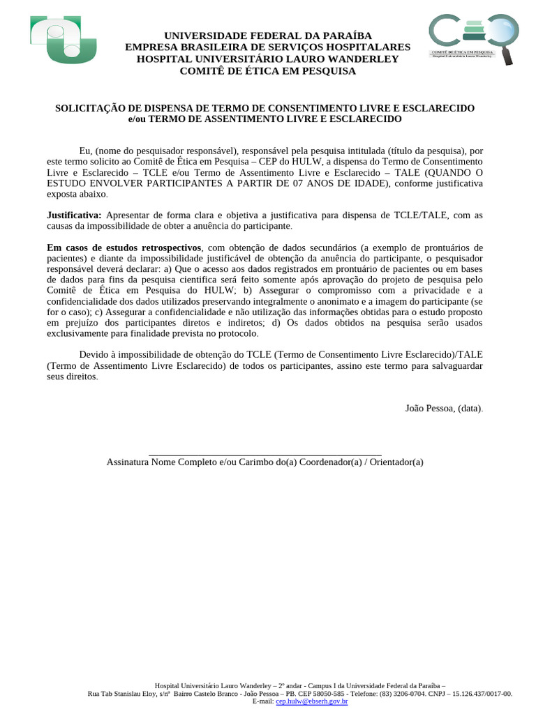DISPENSA DE TCLE TALE Modelo de Solicitação de Dispensa | PDF | Bem ...