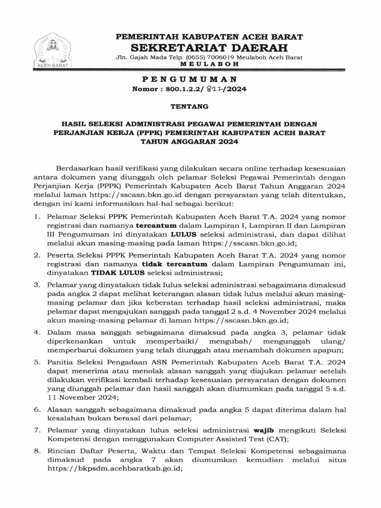 Hasil Seleksi Administrasi Pra-Sanggah PPPK 2024 Tahap-I | PDF