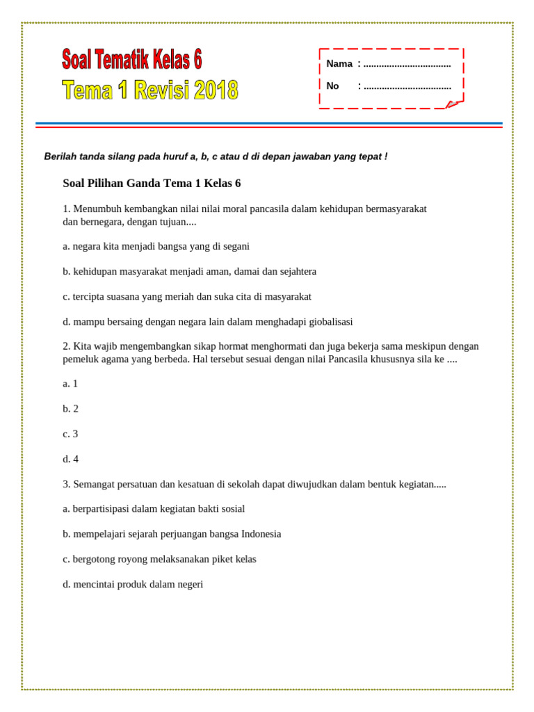Soal Tema 1 Kelas 6 Revisi 2018 | PDF
