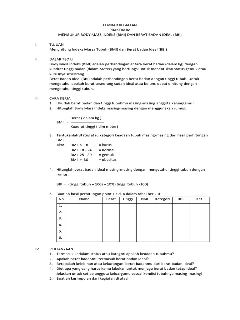 Lembar Kegiatan Praktikum Bmi Dan Bbi | PDF