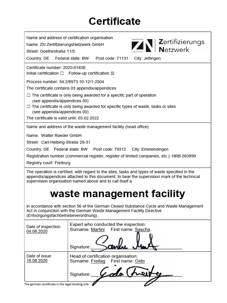 German Waste Management Certification | PDF | Waste | Waste Management