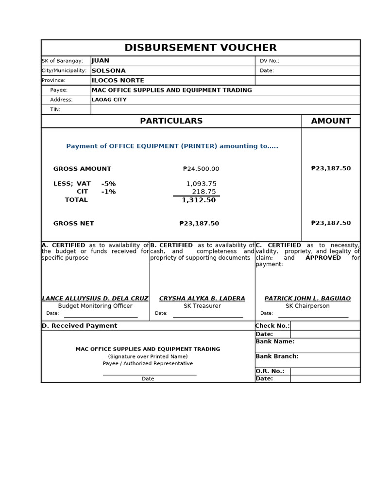 DV Disbursement Voucher | PDF