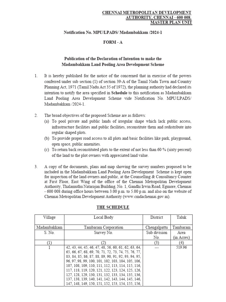 Notification-English - Land Pooling Madambakkam, Kovilanchery & Agaramthen Village | PDF
