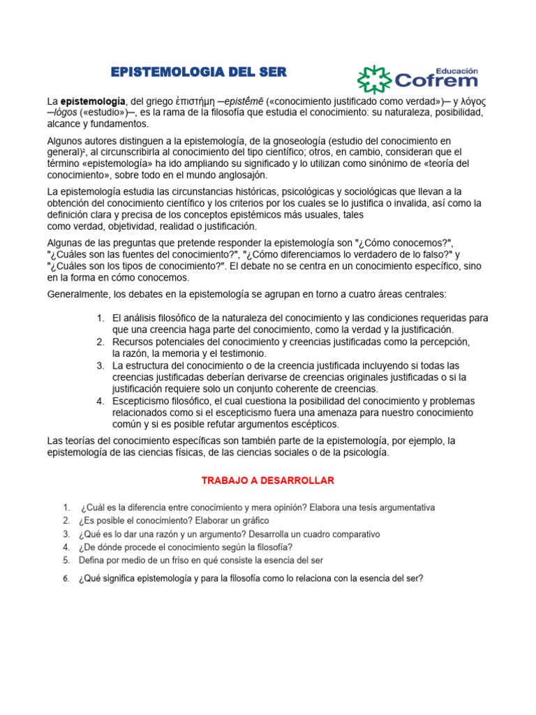 Taller Epistemologia Del Ser | PDF | Epistemología | Conocimiento