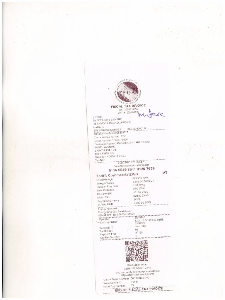 ZESA Tokens ZWG - 14102024 - 153300 | PDF