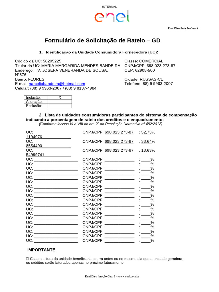 FormulÃ¡rio de SolicitaÃ Ã o de Rateio - GD | PDF
