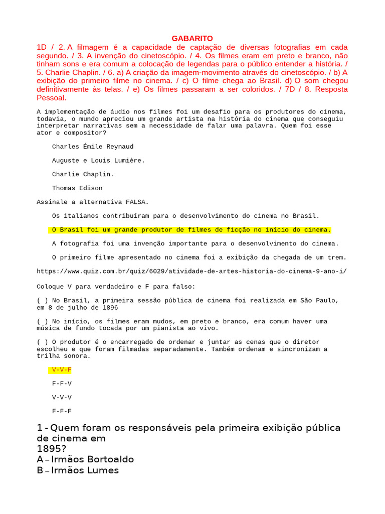 Atividades - Cinema | PDF | Fotografia cinematográfica | Brasil