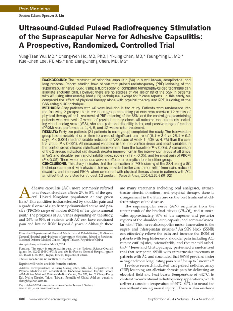 Wu Yung T RF Supraescapular Anesth Analg 2014 | PDF | Pain Management ...