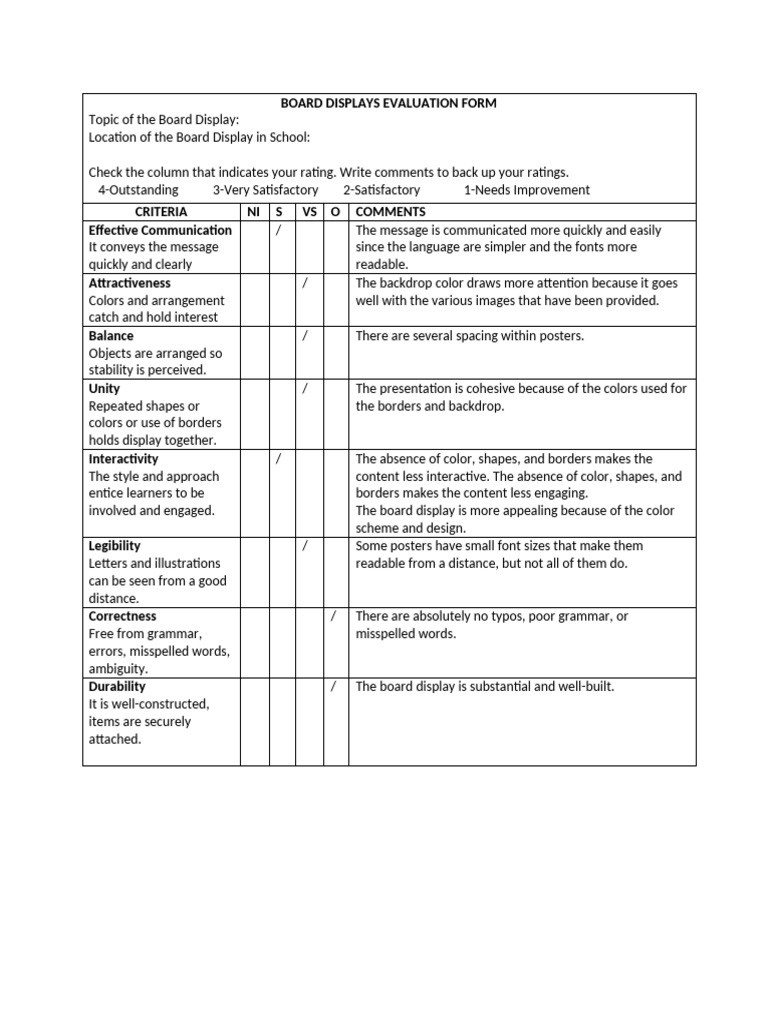 School Display Evaluation Form | PDF | Language Arts & Discipline