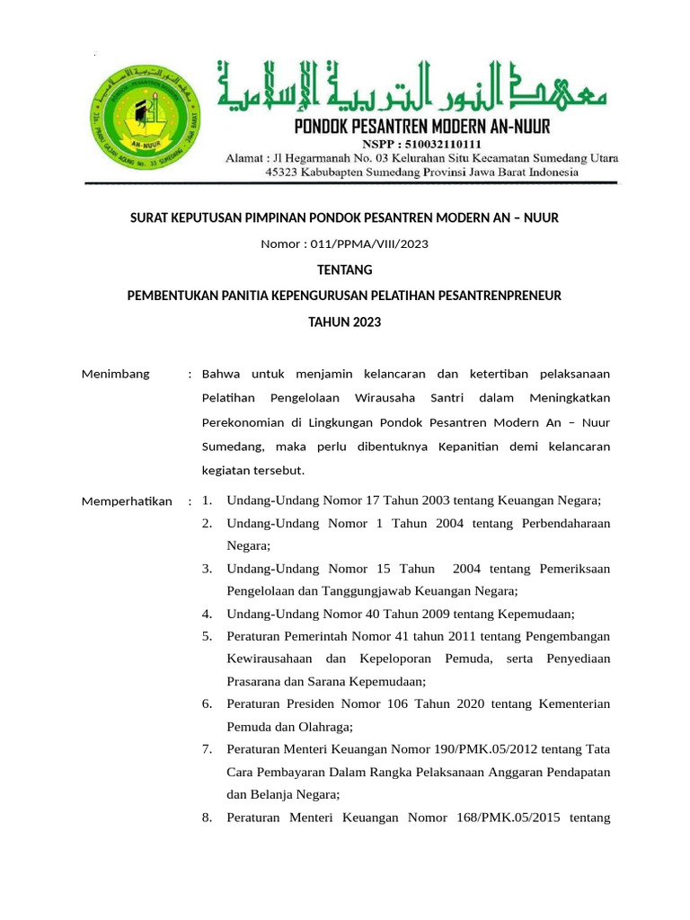 Surat Keputusan Pimpinan Pondok Pesantren Modern An | PDF
