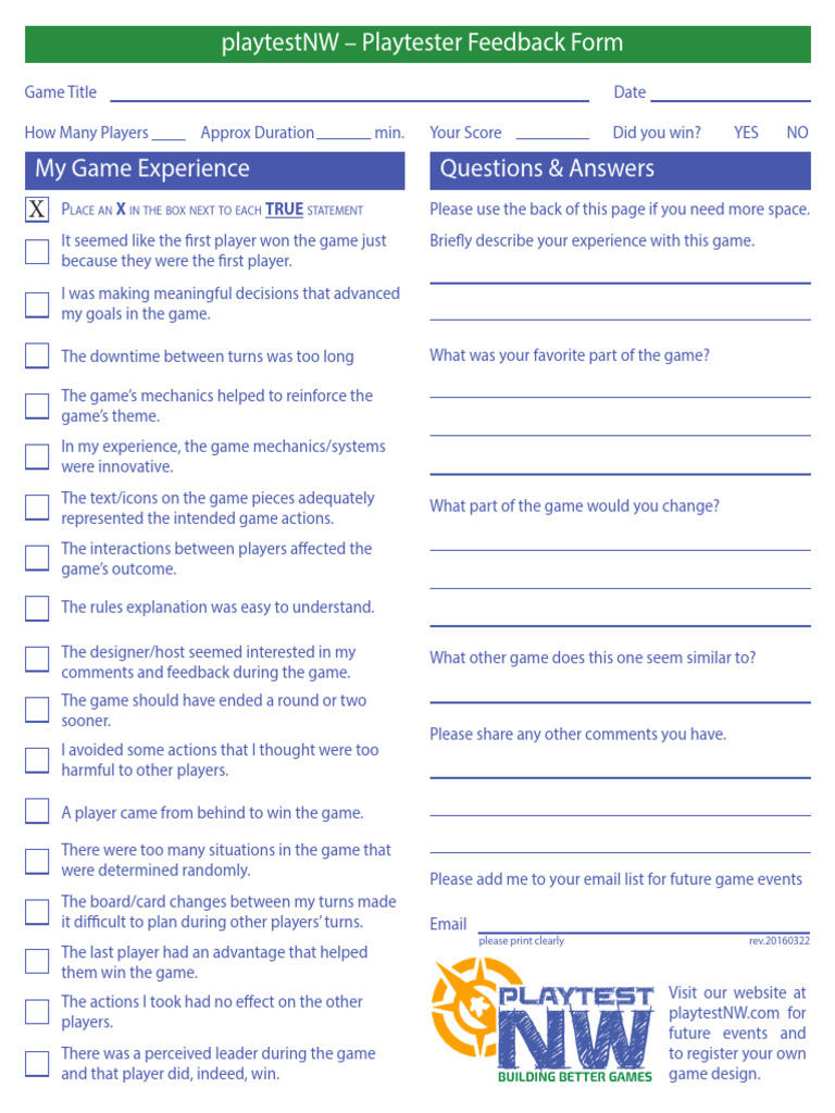 Game Playtester Feedback Form | PDF | Social Psychology