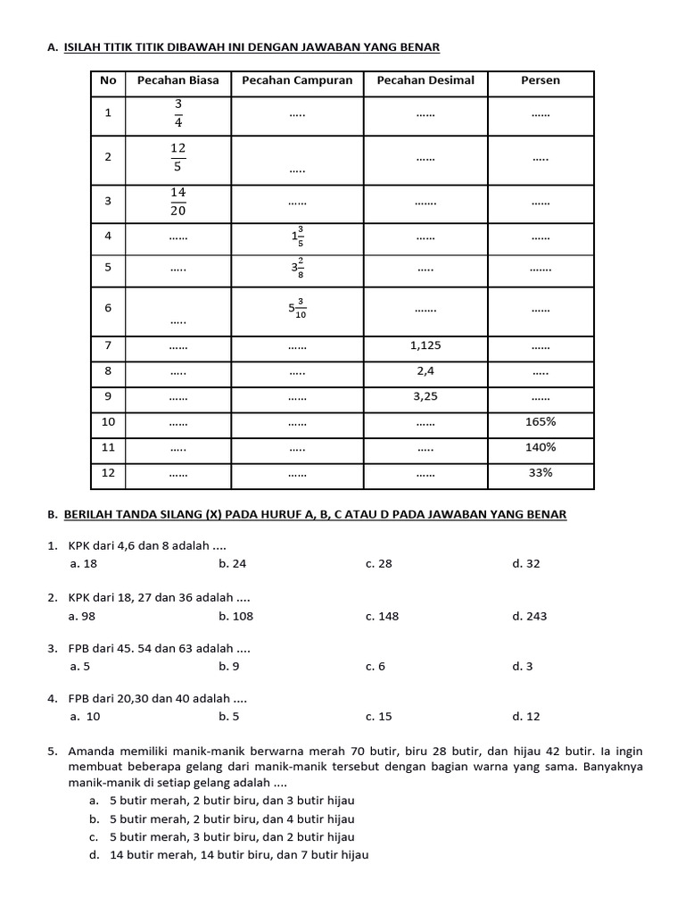 Latihan Soal Evaluasi MTK Kelas 6 KPK Dan Pecahan | PDF