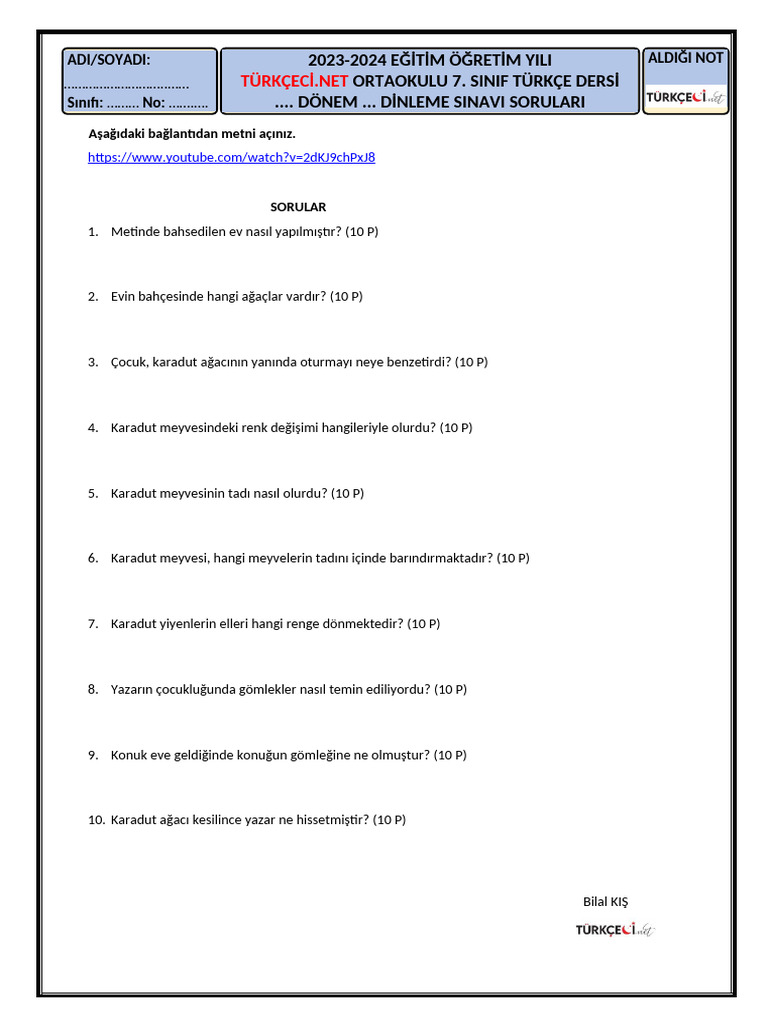 Sinif Dinleme Sinavi 1 | PDF