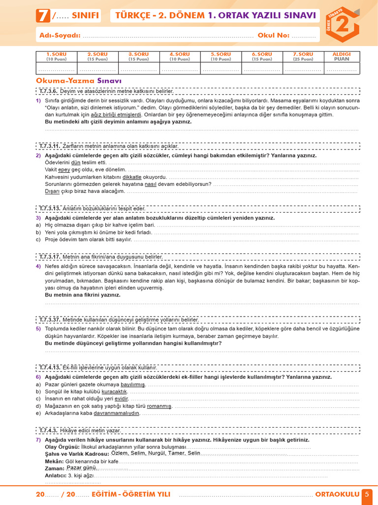 Sinif Turkce 2. Donem 1. Acik Uclu Yazili 2 Mustafa Aygun | PDF