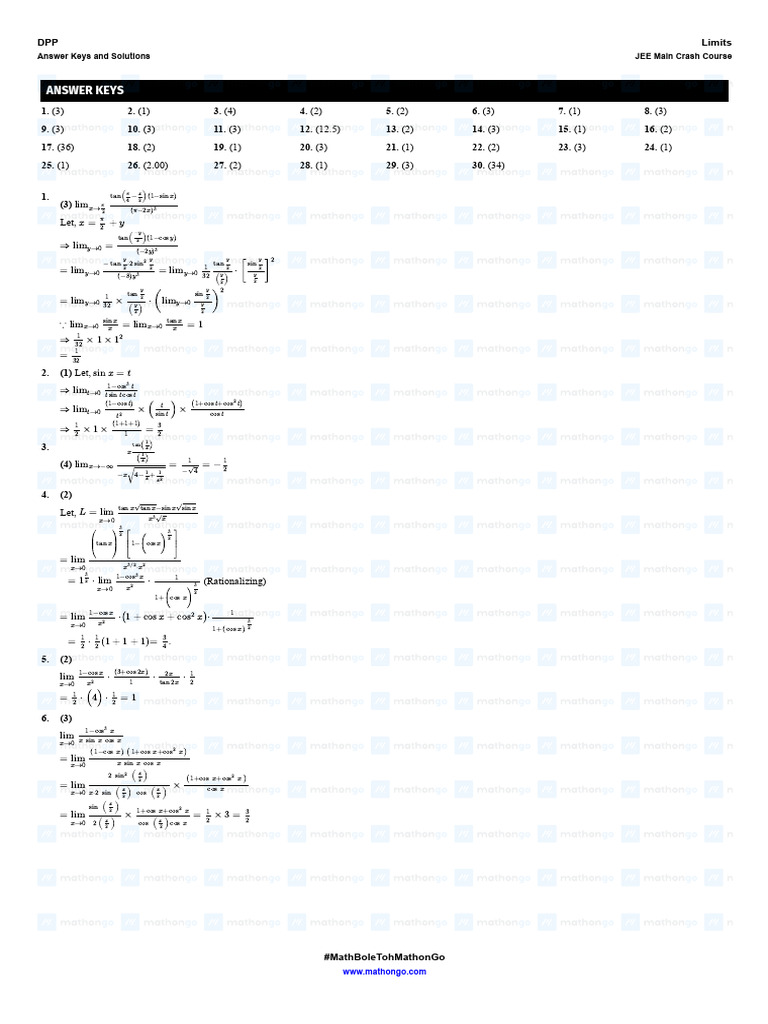Solution DPP Limits JEE Main Crash Course MathonGo | PDF