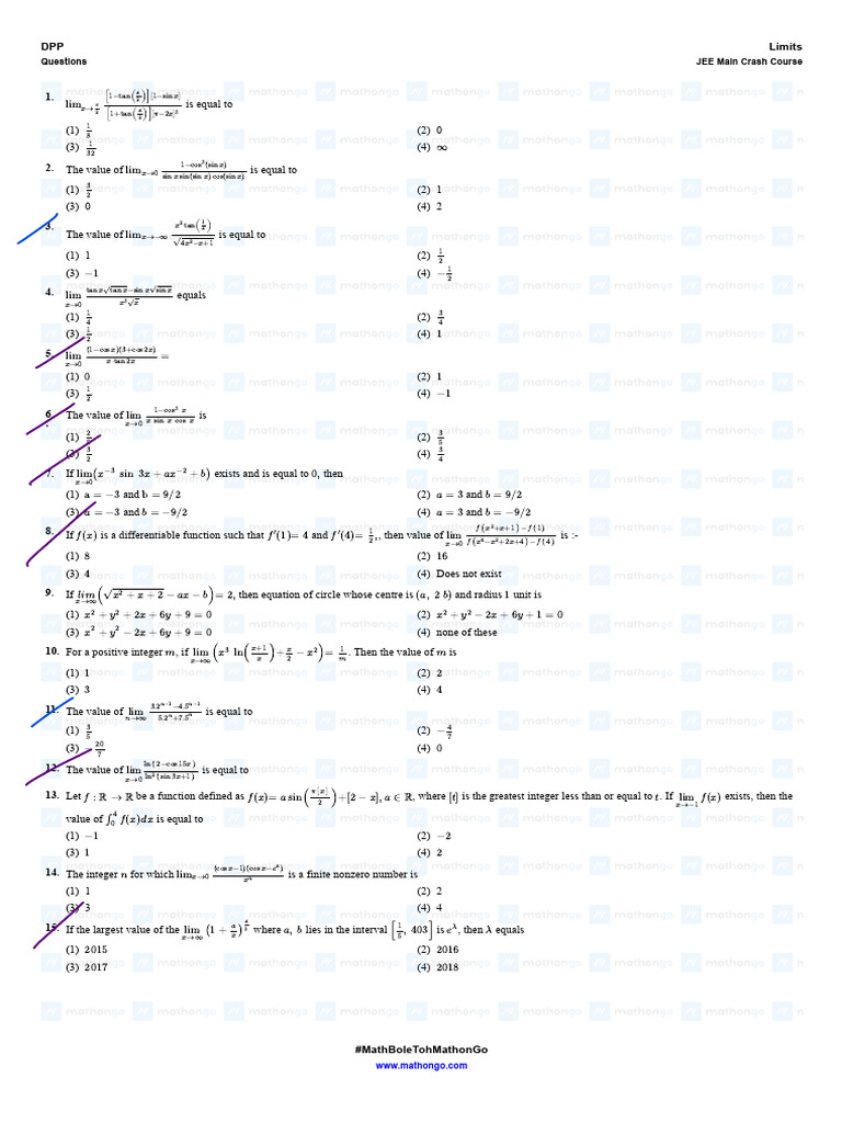 Question DPP Limits JEE Main Crash Course MathonGo | PDF | Elementary Mathematics | Mathematical ...