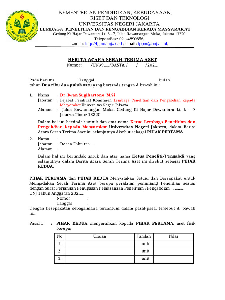 Template Berita Acara Serah Terima Aset | PDF
