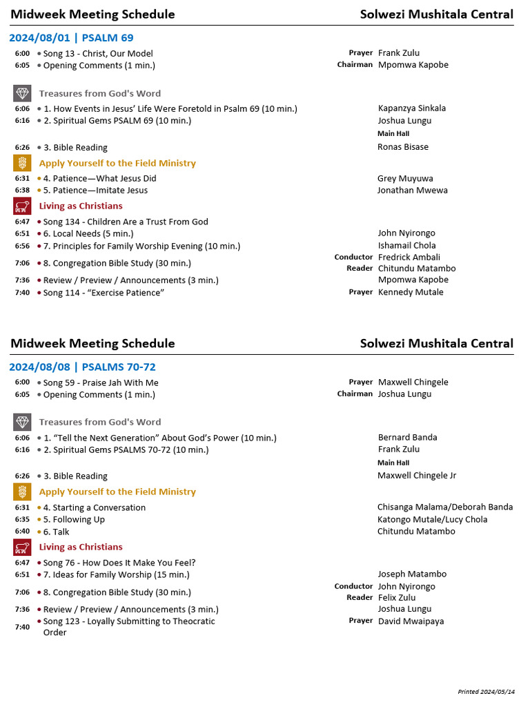 Schedule August 2024 | PDF | Psalms | Theology