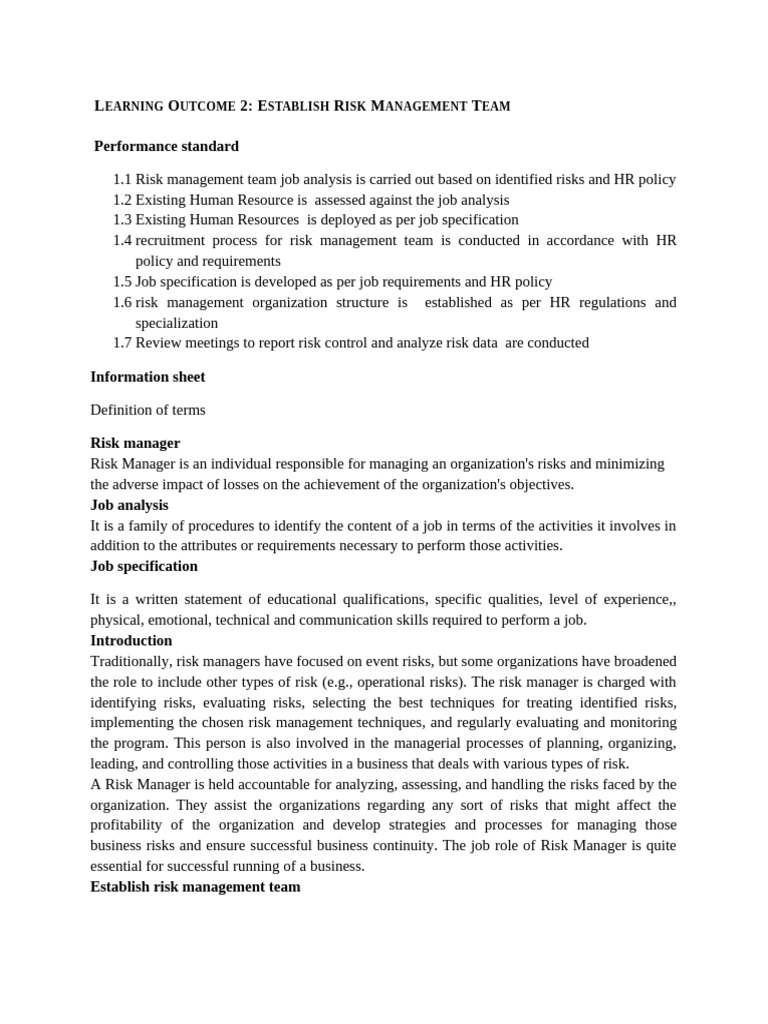 Establishment of Risk Management Level5. Week 4 and 5 | PDF | Recruitment | Risk Management